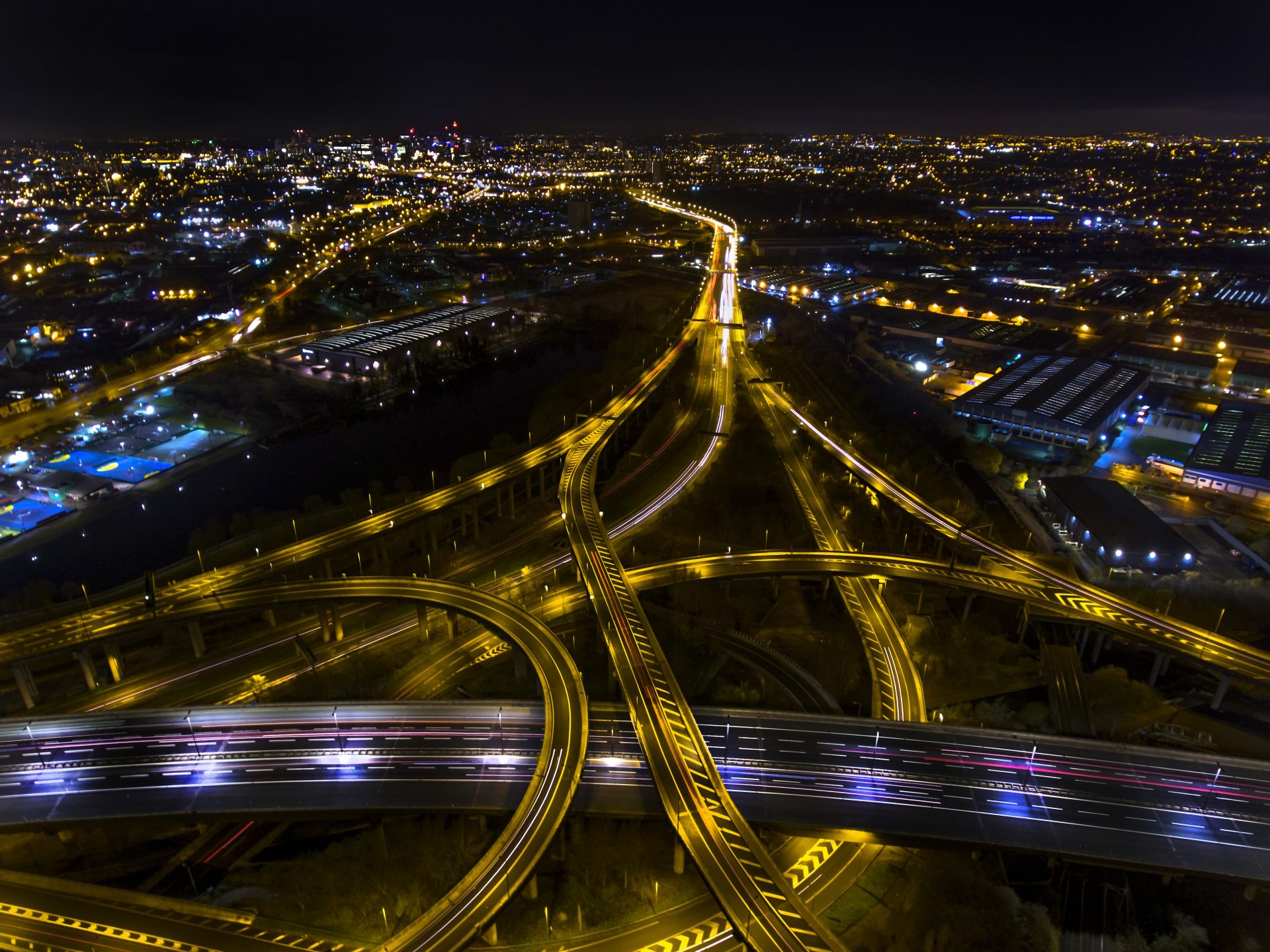 Night aerial shot of Spaghetti Junction in Birmingham,UK. - Drax